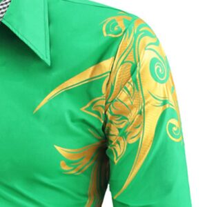 Mens Print Button Down Dress Shirt Shiny Golden Printed Long Sleeves Shirts Casual Floral Nightclub Shirt Costume (Green,XX-Large)