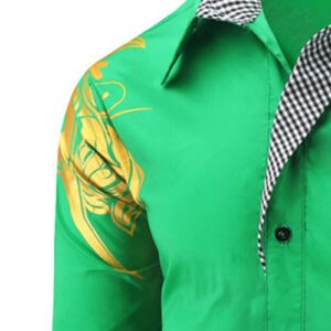 Mens Print Button Down Dress Shirt Shiny Golden Printed Long Sleeves Shirts Casual Floral Nightclub Shirt Costume (Green,XX-Large)