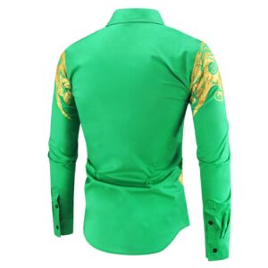 Mens Print Button Down Dress Shirt Shiny Golden Printed Long Sleeves Shirts Casual Floral Nightclub Shirt Costume (Green,XX-Large)