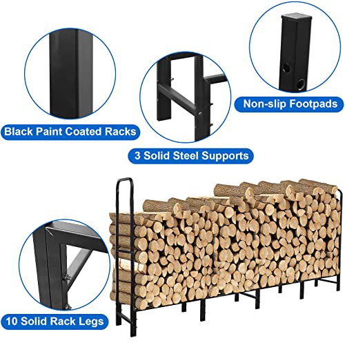 Audessy 8ft Firewood Rack Outdoor, Heavy Duty Steel Fireplace Wood Stacking Rack Log Holders for Firewood Outdoor, Black