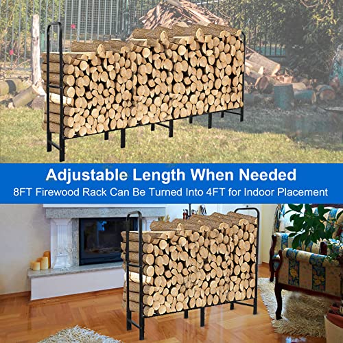 Audessy 8ft Firewood Rack Outdoor, Heavy Duty Steel Fireplace Wood Stacking Rack Log Holders for Firewood Outdoor, Black