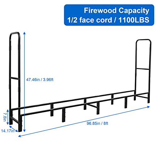 Audessy 8ft Firewood Rack Outdoor, Heavy Duty Steel Fireplace Wood Stacking Rack Log Holders for Firewood Outdoor, Black