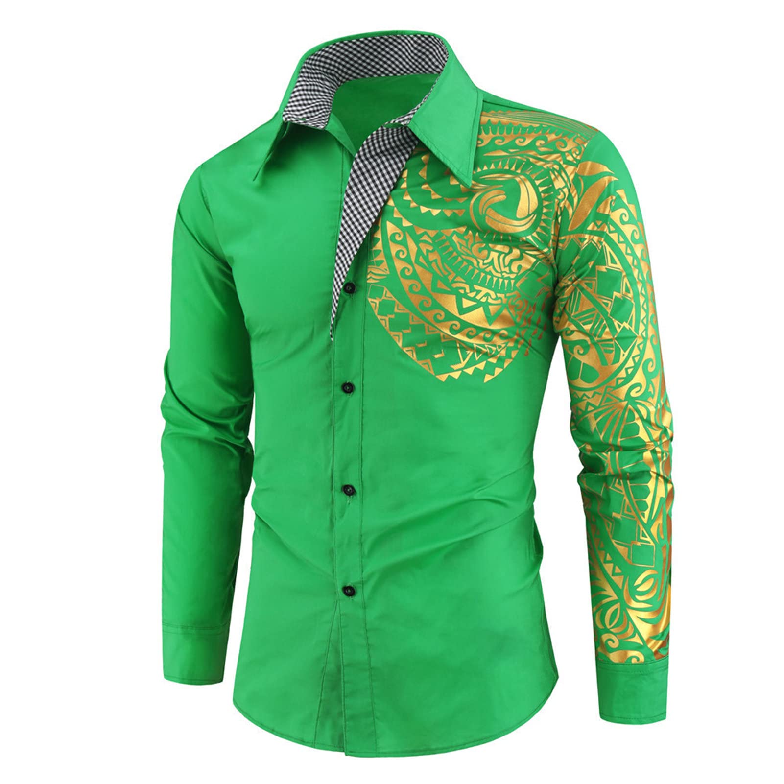 Men's Print Button Down Dress Shirt Shiny Golden Printed Long Sleeves Shirts Casual Slim Floral Nightclub Costume (Green,XX-Large)