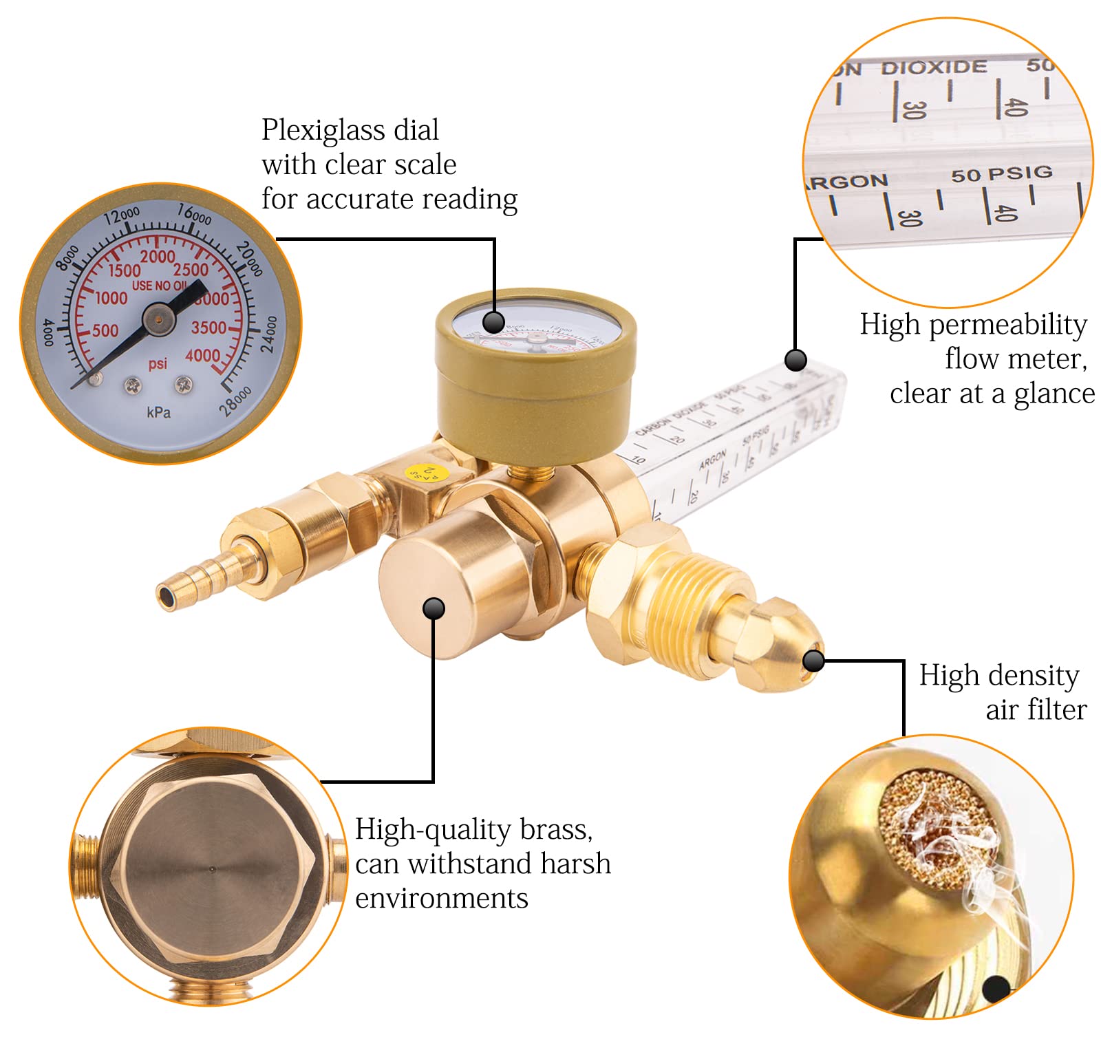 Argon/CO2 Flow Meter Gas Regulator Compatible with Mig Tig Welder Regulator with 6.6FT Gas Hose 10 to 60 CFH Output Flow 0 to 4000 PSI - CGA-580 Inlet argon flow gauge welding regulator