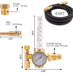 Argon/CO2 Flow Meter Gas Regulator Compatible with Mig Tig Welder Regulator with 6.6FT Gas Hose 10 to 60 CFH Output Flow 0 to 4000 PSI - CGA-580 Inlet argon flow gauge welding regulator