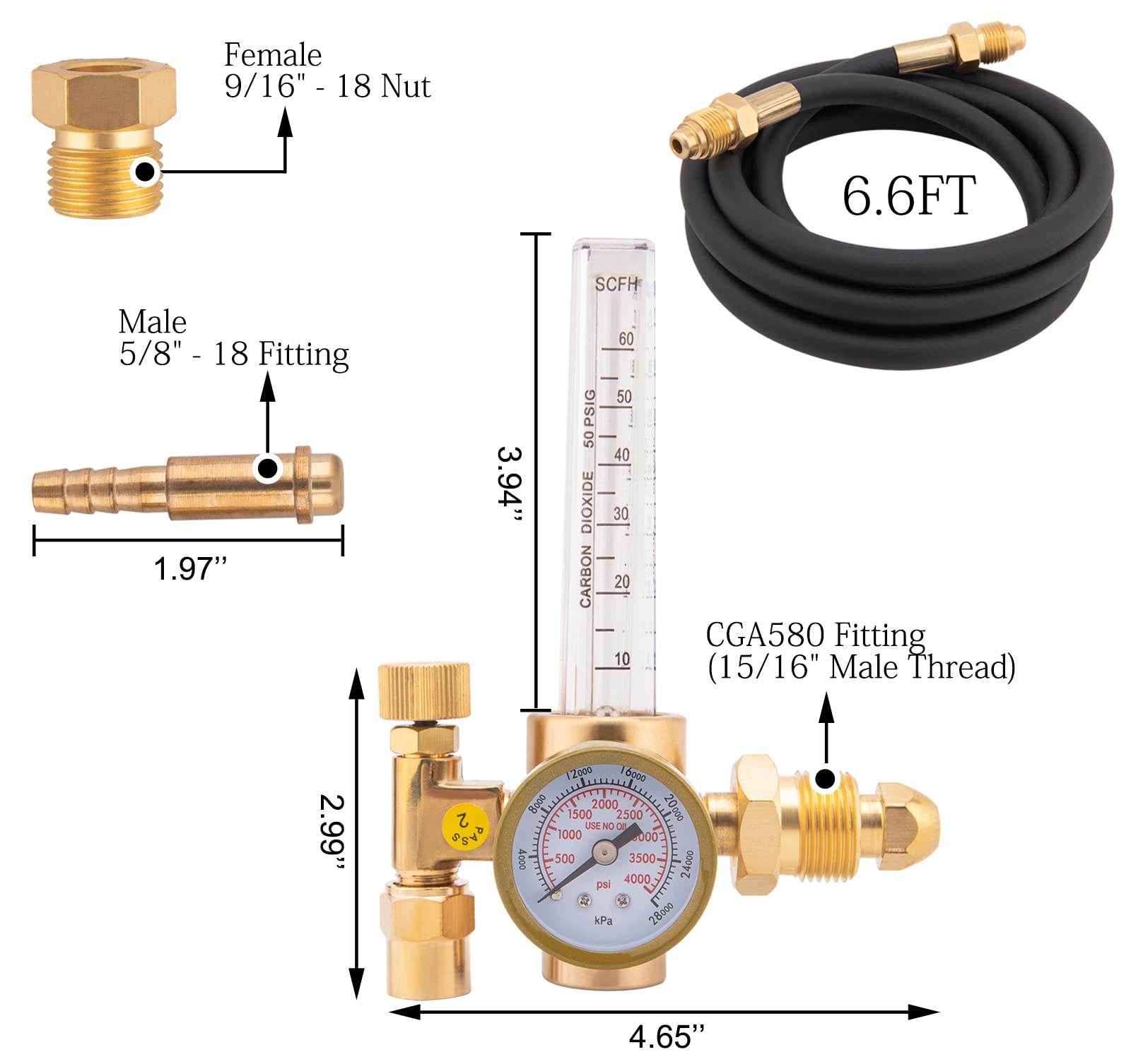 Argon/CO2 Flow Meter Gas Regulator Compatible with Mig Tig Welder Regulator with 6.6FT Gas Hose 10 to 60 CFH Output Flow 0 to 4000 PSI - CGA-580 Inlet argon flow gauge welding regulator