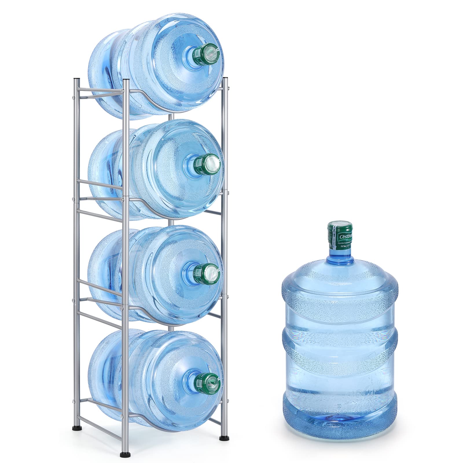 5 Gallon Water Jug Holder Water Bottle Storage Rack, 4 Tier Water Cooler Jug Holder Rack Detachable Water Dispenser Stand for Home Kitchen Office, Silver