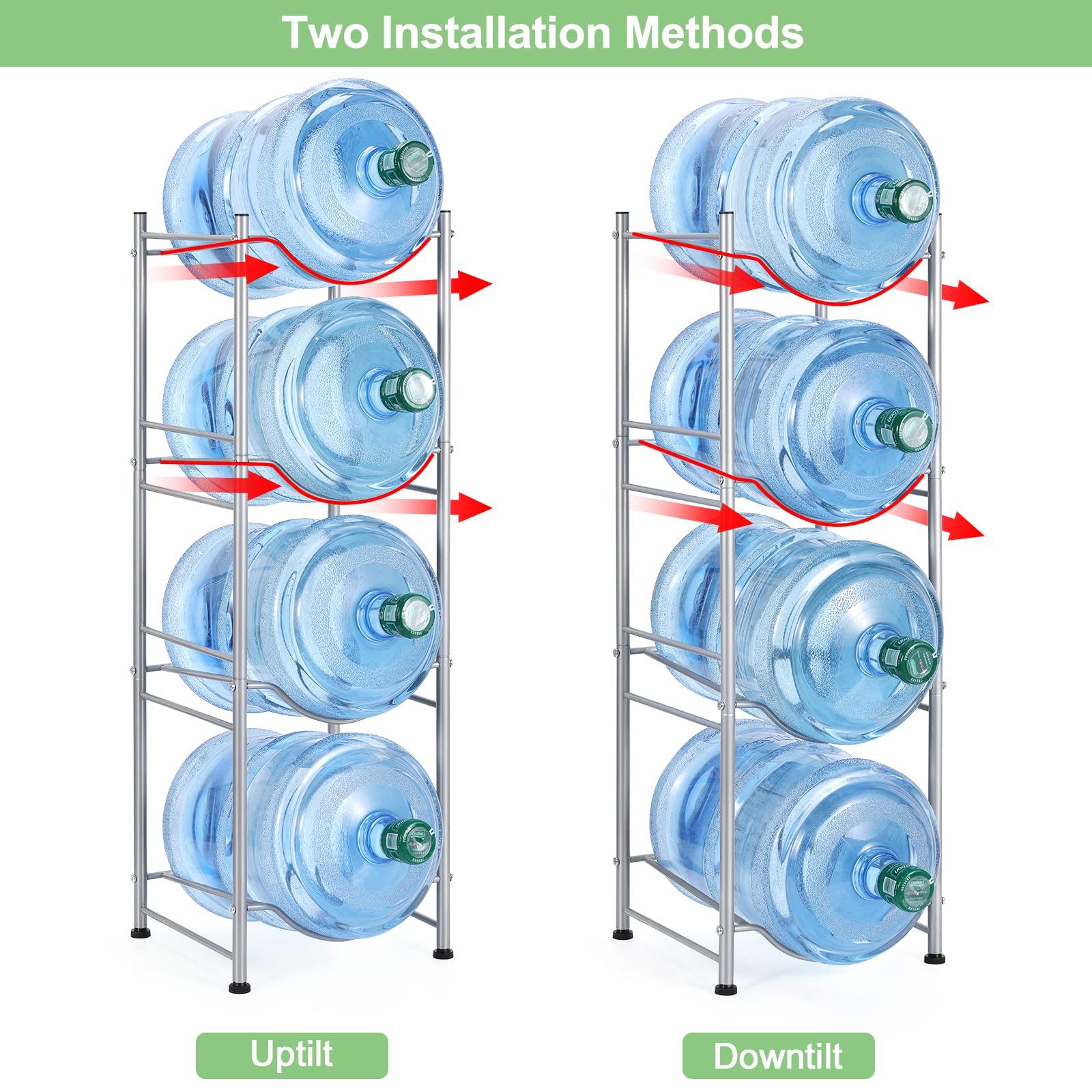 5 Gallon Water Jug Holder Water Bottle Storage Rack, 4 Tier Water Cooler Jug Holder Rack Detachable Water Dispenser Stand for Home Kitchen Office, Silver