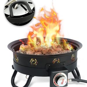 BLUU Deluxe Portable Propane Gas Fire Pit with Auto Ignition for Outdoor Camping- with Grill, Foldable Stand, Trachea Hook, Propane Tank Holder and Cover, 17-Inch Diameter 58,000 BTU, Matte Black