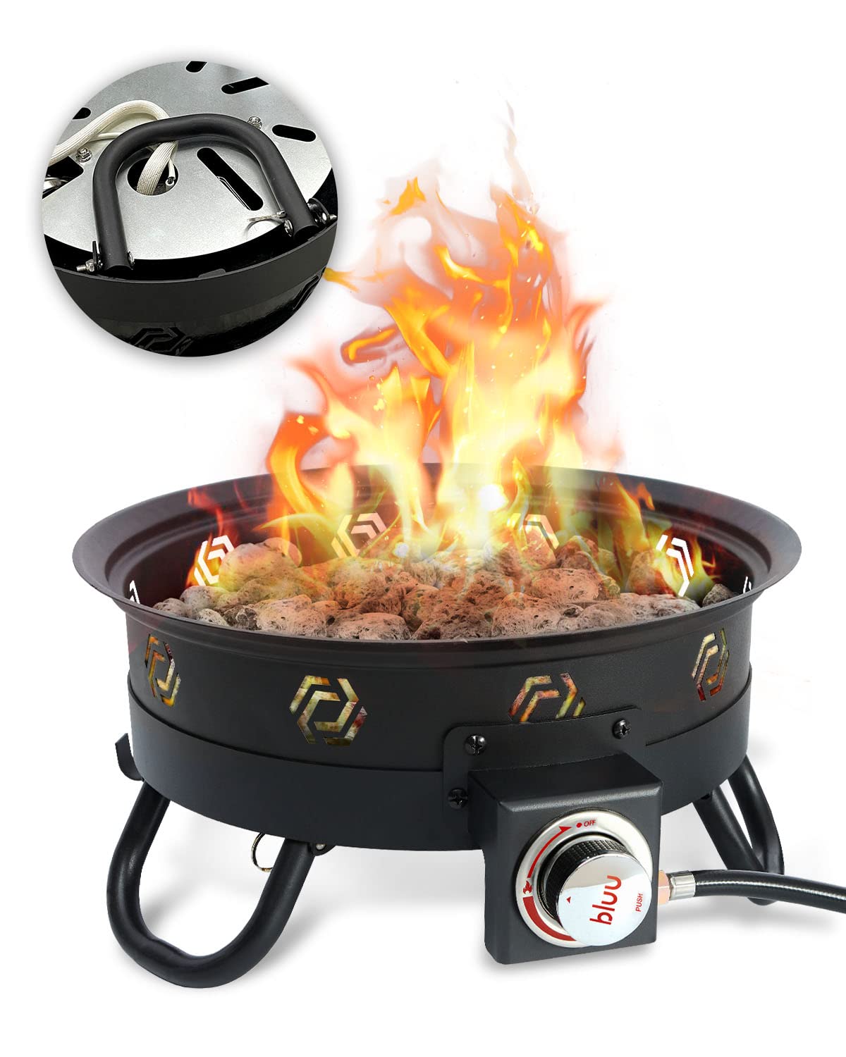 BLUU Deluxe Portable Propane Gas Fire Pit with Auto Ignition for Outdoor Camping- with Grill, Foldable Stand, Trachea Hook, Propane Tank Holder and Cover, 17-Inch Diameter 58,000 BTU, Matte Black