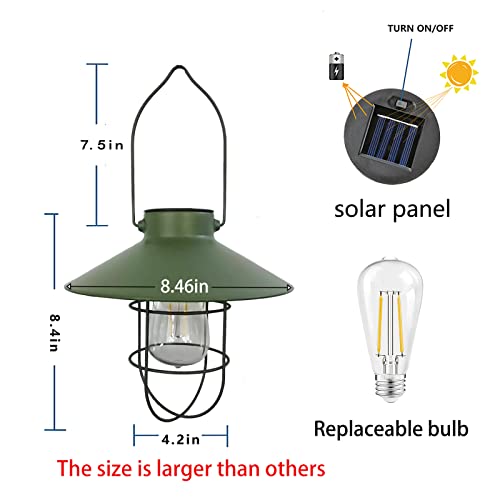 pearlstar Solar Lantern Outdoor Hanging Light Metal Farmhouse Solar Lamp with Warm White Edison Bulb Design for Garden Yard Patio Proch Decor(Green)