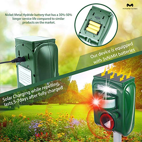 Maxfetched Solar Animal Repeller Ultrasonic Outdoor, Deer Repellent Raccoon Repellent Ultrasonic with Motion Sensor, Deter Unwanted Animals Such as Deer Raccoon Squirrel Dog Cat Bird Marten Fox