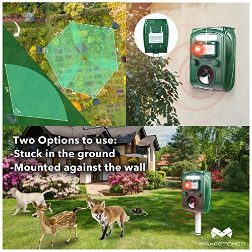 Maxfetched Solar Animal Repeller Ultrasonic Outdoor, Deer Repellent Raccoon Repellent Ultrasonic with Motion Sensor, Deter Unwanted Animals Such as Deer Raccoon Squirrel Dog Cat Bird Marten Fox