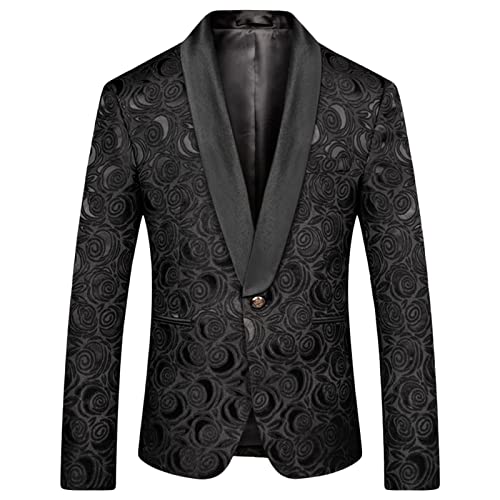 Men's Floral Jacquard Dress Suit Jacket 1 Button Paisley Embroidered Tuxedo Shawl Lapel Blazer for Dinner,Wedding (Black,5X-Large)