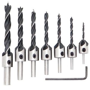 gdfymi 7pcs countersink drill bit set, brad point drill bit set, drill bits for metal, counter sinker drill bit set, self centering drill bit, reamer set chamfering tool with hex wrench, 3-10 mm