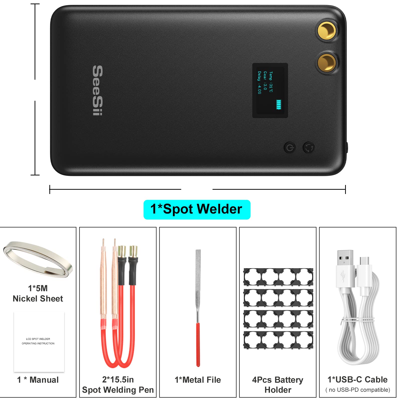 Spot Welder, Seesii 80 Gears Adjustable Portable Spot Welder with LCD Screen,Built-in 6000ma-h Battery Spot Welder with 5m Nickel & 4X4 Holders for 0.1/0.15mm Nickel Strip Welding Making Battery Packs