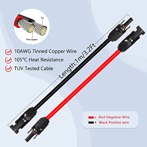 GELRHONR 10AWG 6mm² Solar Panel Extension Cable,Solar Panel Female to Male Connectors Adaptor Kit for Solar Panels, Photovoltaic Systems(Red+Black) (10AWG 1M/3.2FT M to F)