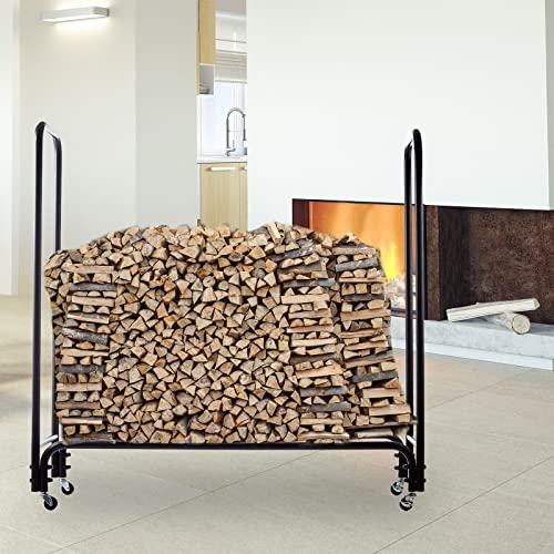 Kweetle 4FT Outdoor Firewood Rack with Wheels and Weather-proof Cover, Log Storage Stand Metal Fire Wood Holder Heavy Duty Firewood Cart for Firewood