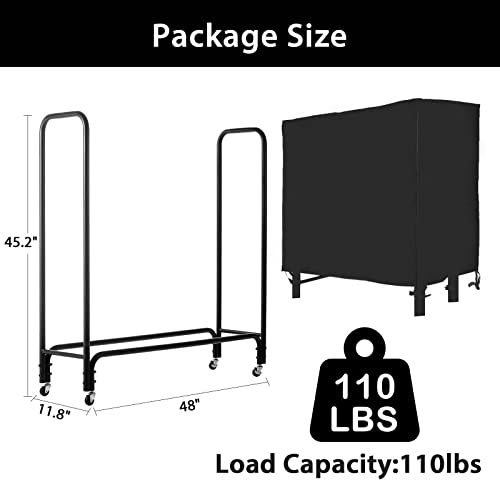 Kweetle 4FT Outdoor Firewood Rack with Wheels and Weather-proof Cover, Log Storage Stand Metal Fire Wood Holder Heavy Duty Firewood Cart for Firewood