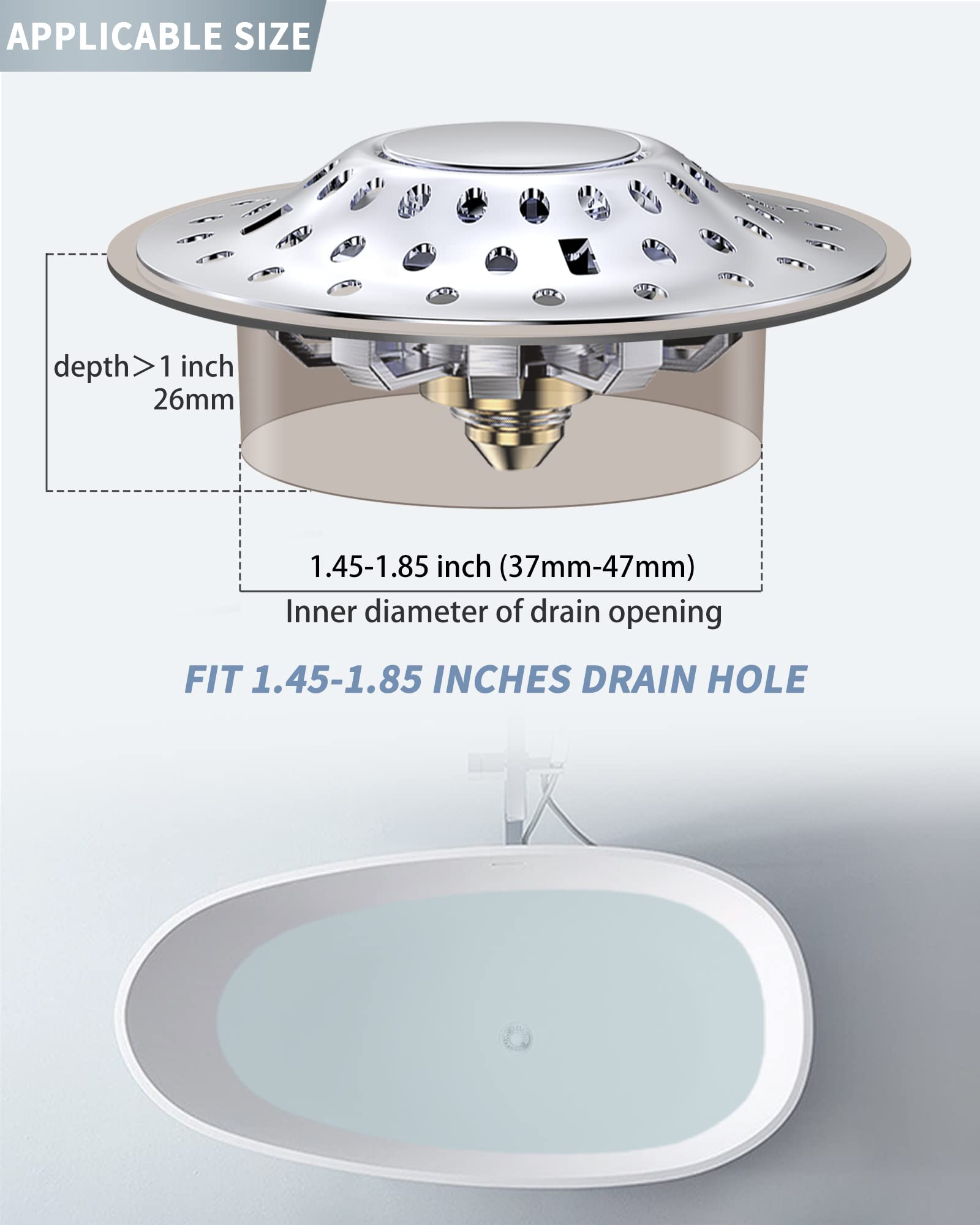 Upgraded 2 in 1 Bathtub Stopper with Drain Hair Catcher, Anti-Clogging Tub Stopper with Dual Filtration Design, Pop-up Bath Tub Stoppers Bathtub Drain Plug for 1.45-1.85" Drain Hole