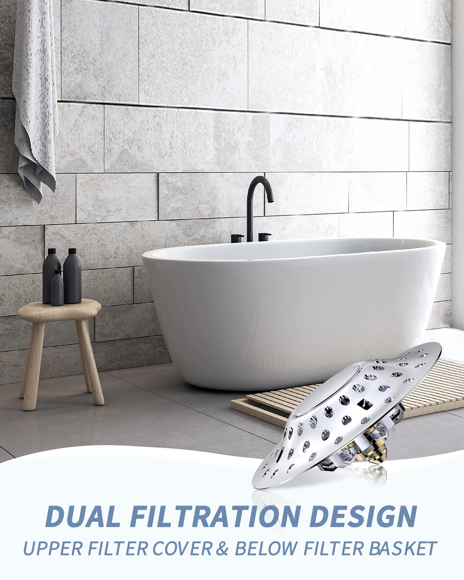 Upgraded 2 in 1 Bathtub Stopper with Drain Hair Catcher, Anti-Clogging Tub Stopper with Dual Filtration Design, Pop-up Bath Tub Stoppers Bathtub Drain Plug for 1.45-1.85" Drain Hole