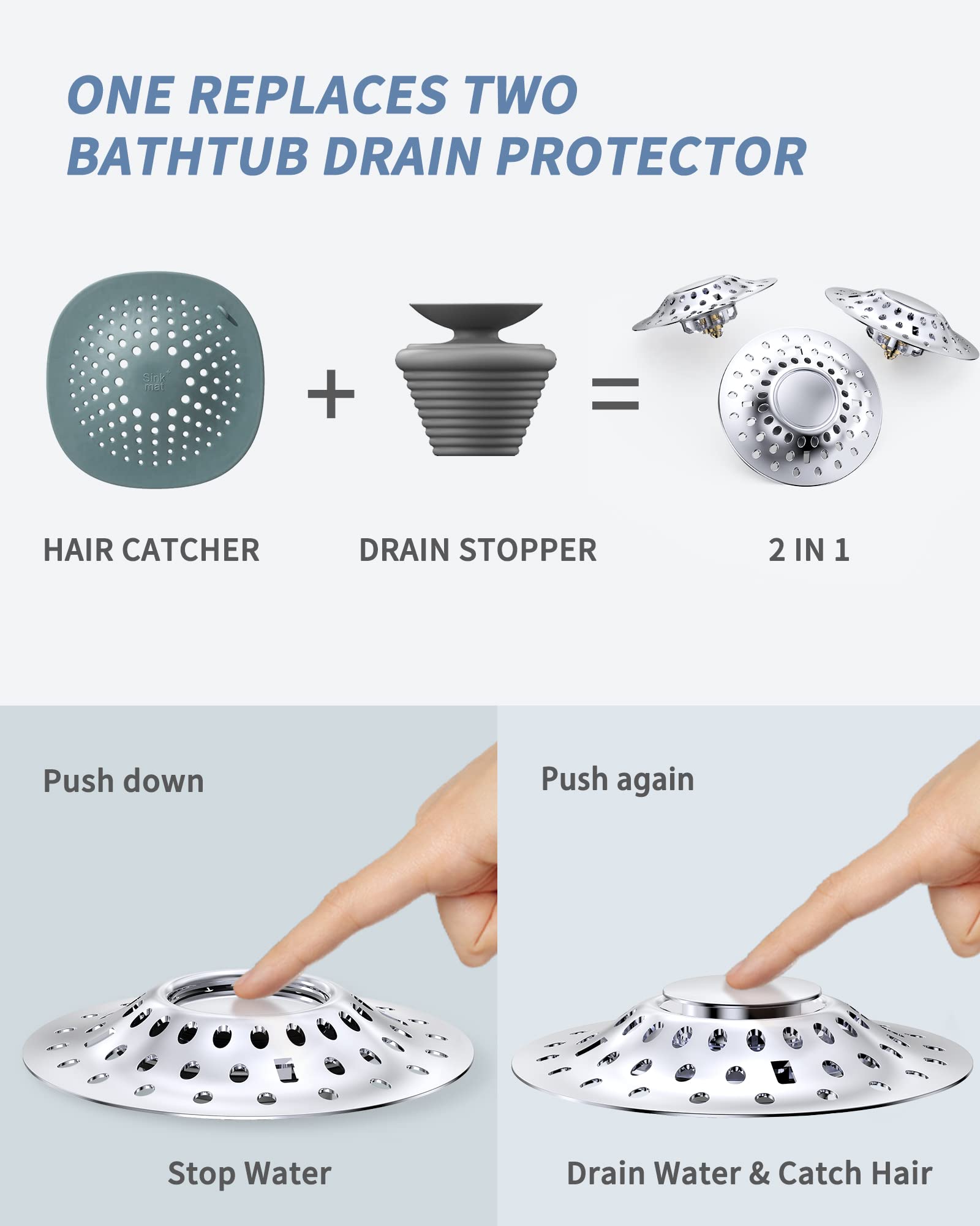 Upgraded 2 in 1 Bathtub Stopper with Drain Hair Catcher, Anti-Clogging Tub Stopper with Dual Filtration Design, Pop-up Bath Tub Stoppers Bathtub Drain Plug for 1.45-1.85" Drain Hole