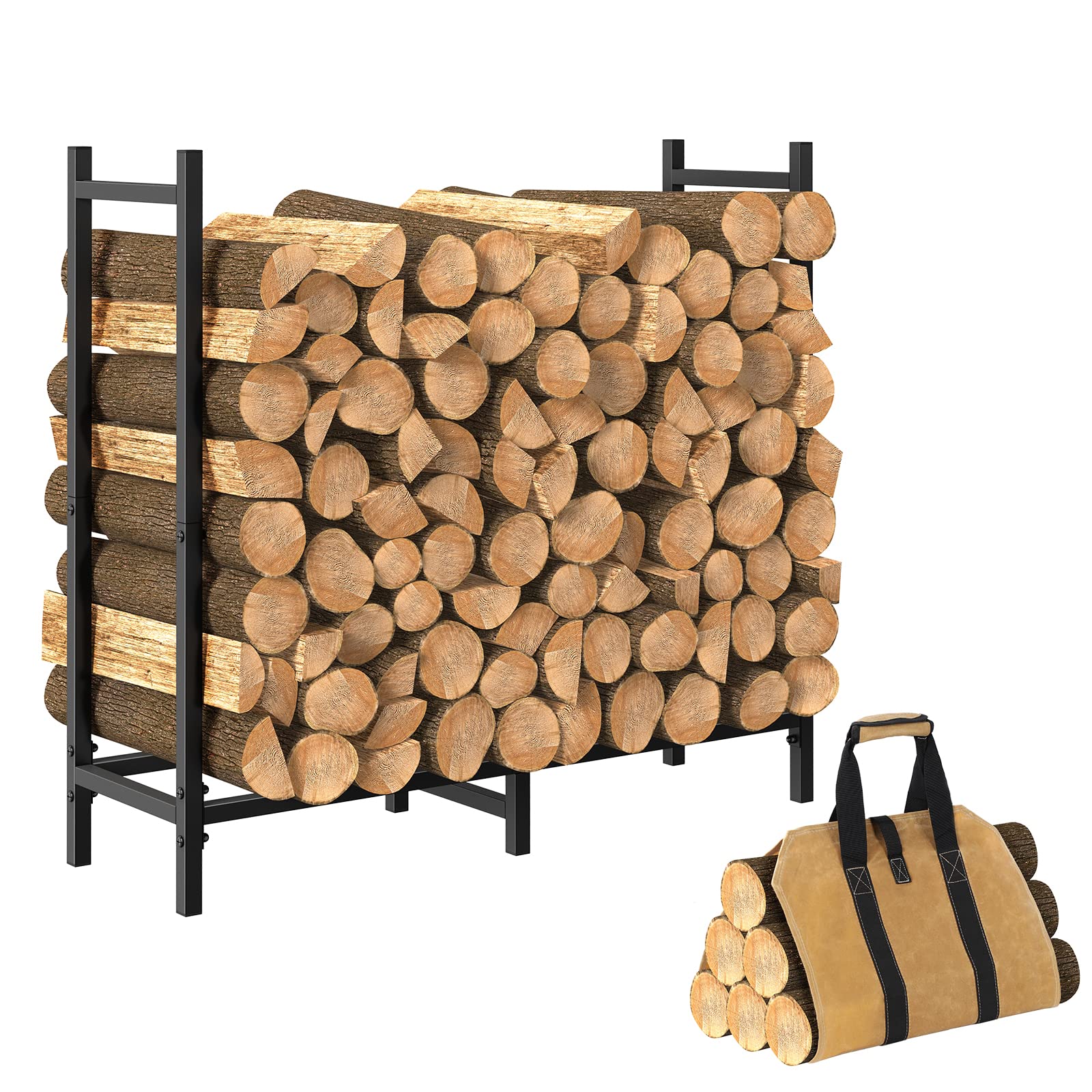 NANANARDOSO 2.6ft Outdoor Indoor Firewood Rack and Tote Bag Combo Wood Rack for Firewood Storage Heavy Duty Log Holders for Fireplace Metal Lumber Storage Carrier Organizer