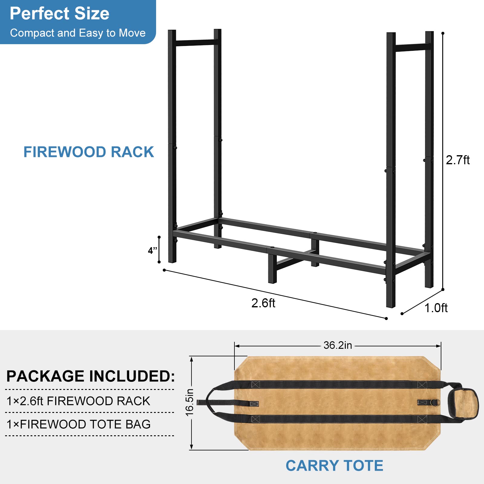 NANANARDOSO 2.6ft Outdoor Indoor Firewood Rack and Tote Bag Combo Wood Rack for Firewood Storage Heavy Duty Log Holders for Fireplace Metal Lumber Storage Carrier Organizer