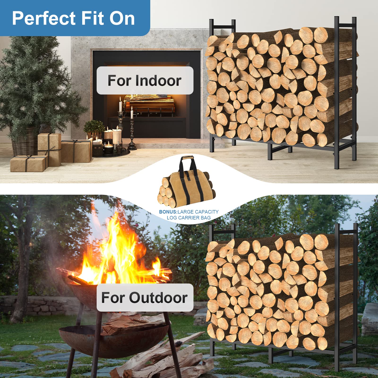 NANANARDOSO 2.6ft Outdoor Indoor Firewood Rack and Tote Bag Combo Wood Rack for Firewood Storage Heavy Duty Log Holders for Fireplace Metal Lumber Storage Carrier Organizer