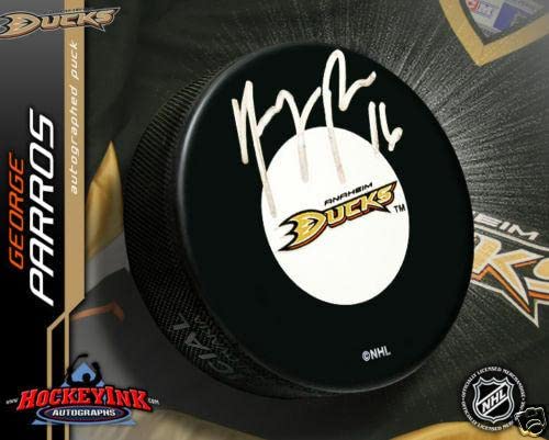 GEORGE PARROS Signed Anaheim Ducks Puck - Autographed NHL Pucks