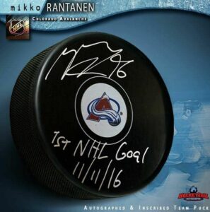 mikko rantanen signed colorado avalanche puck - "1st nhl goal 11/11/16 - autographed nhl pucks