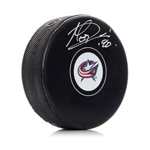 elvis merzlikins columbus blue jackets autographed hockey puck - autographed nhl pucks