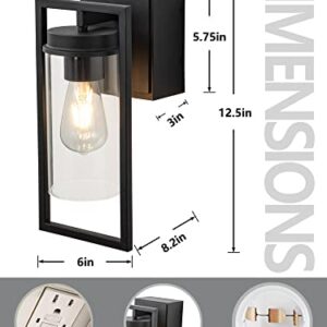 OUPAVOCS Outdoor Lights with GFCI Outlet, Modern Porch Lights Waterproof, Exterior Light fixture with Outlet plug, Black Wall Sconce Wall Mount with Clear Glass, Outside Patio lights for House, Garage