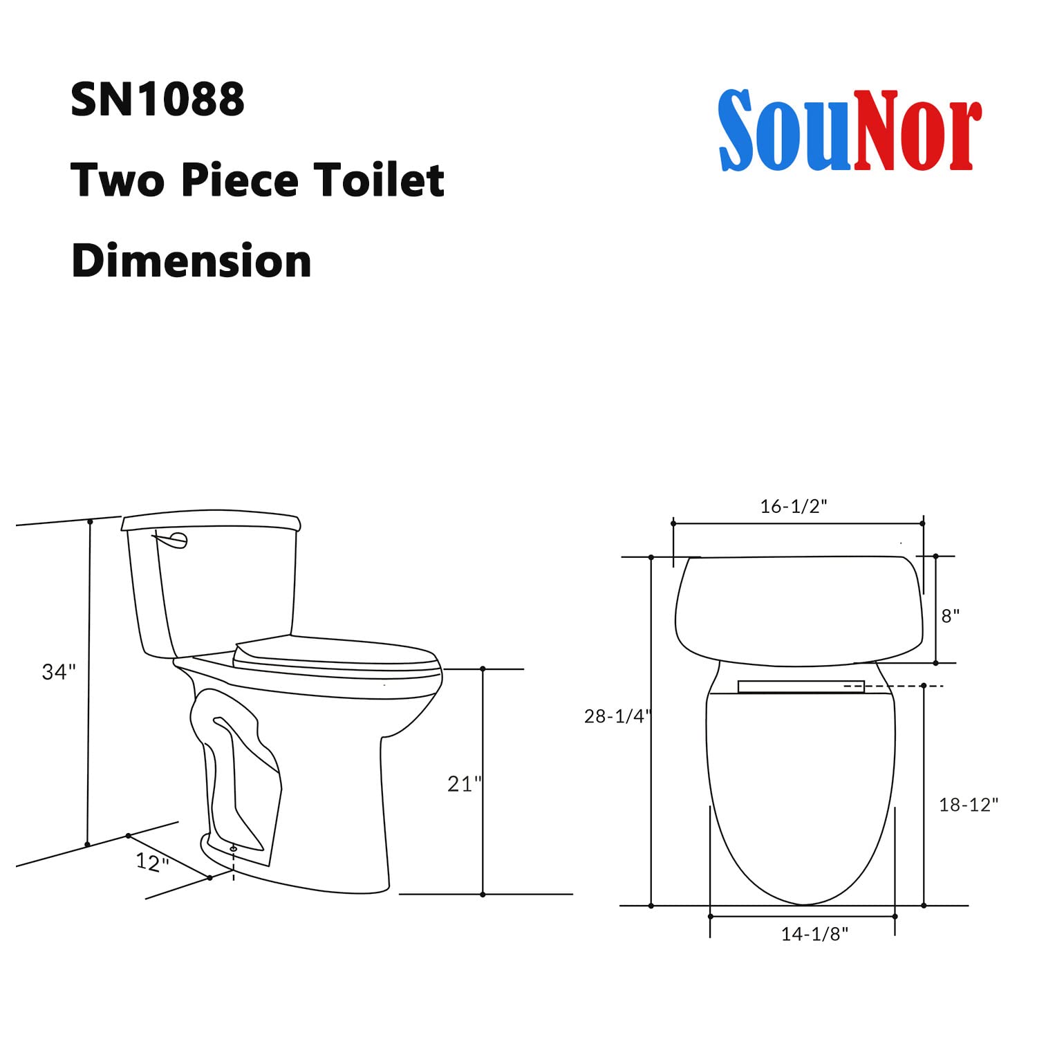 SouNor SN1088 Elongated Two Piece Toilet 1.28 GPF Extra 21" Tall Bowl Comfortable Right Seat Height Soft Closing Seat White