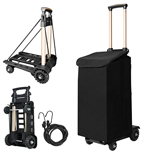 Folding Utility Shopping Cart Rolling Crate Portable Hand Truck Lightweight Trolley with Removable Waterproof Bag 70Kg/155Lbs Adjustable Handle 4 Wheels for Grocery Moving Luggage Laundry(Black+Bag)