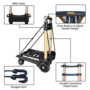 Folding Utility Shopping Cart Rolling Crate Portable Hand Truck Lightweight Trolley with Removable Waterproof Bag 70Kg/155Lbs Adjustable Handle 4 Wheels for Grocery Moving Luggage Laundry(Black+Bag)