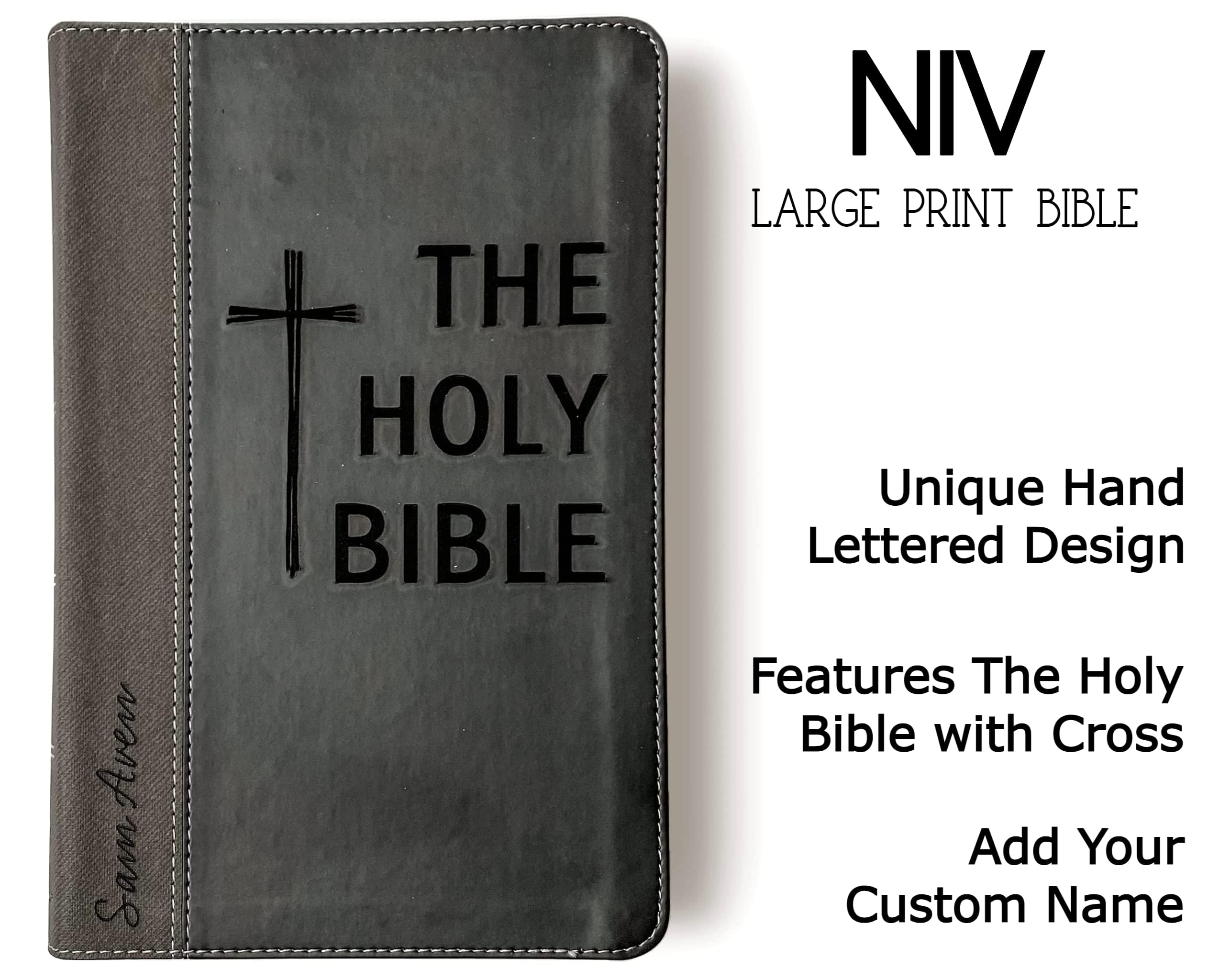 Hand Lettered and Laser Engraved NIV Black/Gray Leathersoft Bible, Custom Name Engraving Available, Personalized Gift for Wedding, Baptism, Graduation or Birthday