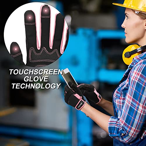 HUWLUIWA Work Gloves Women, Flexible & Stretchable Touchscreen Pink Working Glove Utility Synthetic Leather Mechanic Gloves for Construction Yardwork Gardening Small Pink