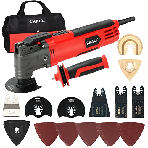 SHALL Oscillating Tool, 4.0A Oscillating Multitool Kit with 5° Oscillation Angle, Quick Change & Kickback Protection, 6 Variable Speeds, Auxiliary Handle, 34Pcs Saw Accessories and Carry Bag Included