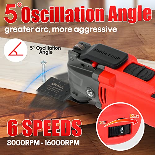 SHALL Oscillating Tool, 4.0A Oscillating Multitool Kit with 5° Oscillation Angle, Quick Change & Kickback Protection, 6 Variable Speeds, Auxiliary Handle, 34Pcs Saw Accessories and Carry Bag Included