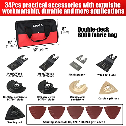 SHALL Oscillating Tool, 4.0A Oscillating Multitool Kit with 5° Oscillation Angle, Quick Change & Kickback Protection, 6 Variable Speeds, Auxiliary Handle, 34Pcs Saw Accessories and Carry Bag Included