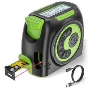 huepar 2-in-1 laser tape measure, 197ft rechargeable laser measurement tool & 16ft. measure tape with backlit lcd & movable hook -pythagorean, area, volume, m/in/ft unit switch digital distance meter