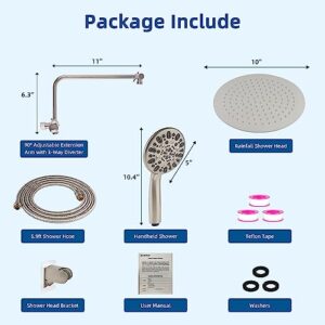 10” High Pressure Rainfall Shower Head, iFealClear Metal Waterfall Showerhead with Handheld Combo, 12'' Adjustable Shower Extension Arm, Brass Shower Holder Extra Long Hose, Brushed Nickel