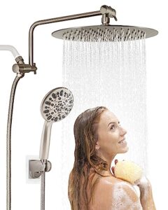 10” high pressure rainfall shower head, ifealclear metal waterfall showerhead with handheld combo, 12'' adjustable shower extension arm, brass shower holder extra long hose, brushed nickel