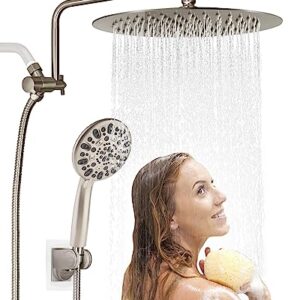 10” High Pressure Rainfall Shower Head, iFealClear Metal Waterfall Showerhead with Handheld Combo, 12'' Adjustable Shower Extension Arm, Brass Shower Holder Extra Long Hose, Brushed Nickel