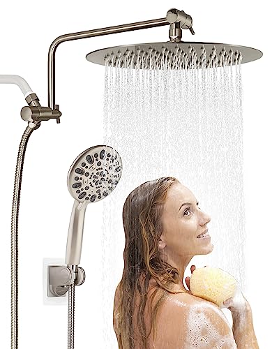 10” High Pressure Rainfall Shower Head, iFealClear Metal Waterfall Showerhead with Handheld Combo, 12'' Adjustable Shower Extension Arm, Brass Shower Holder Extra Long Hose, Brushed Nickel