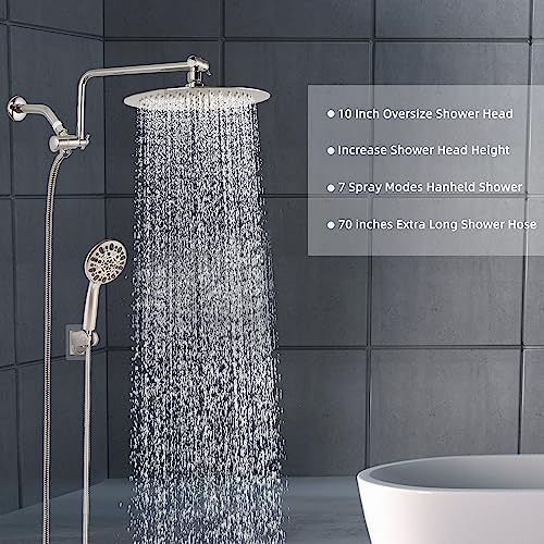 10” High Pressure Rainfall Shower Head, iFealClear Metal Waterfall Showerhead with Handheld Combo, 12'' Adjustable Shower Extension Arm, Brass Shower Holder Extra Long Hose, Brushed Nickel