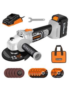 worksite cordless angle grinder, 4-1/2 inch power angle grinder with 4-pole motor, adjustable auxiliary handle, cutting wheels, grinding wheels and flap discs, 4.0 ah battery & charger included