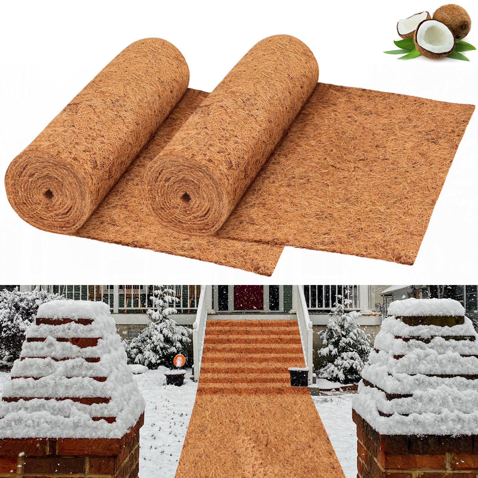 Riare 2 Pack 16 × 118 Inch No-Slip Ice and Snow Carpet Mats- Natural Coconut Fiber Carpet Anti-Slip Coco Coir Carpet Mat for Winter Walkways Front Door Stairs Porch Outdoor Garden Patio Safe Walking