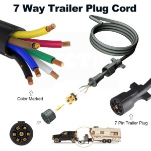 CXTM 7 Way Trailer Cord, Heavy Duty 7 Way Trailer Plug Inline Cord Wire Harness Cable Double Prongs Connector 7 pin Trailer Wiring Harness 8 Feet for Camper Blade Molded RV Cable Wire(8ft)